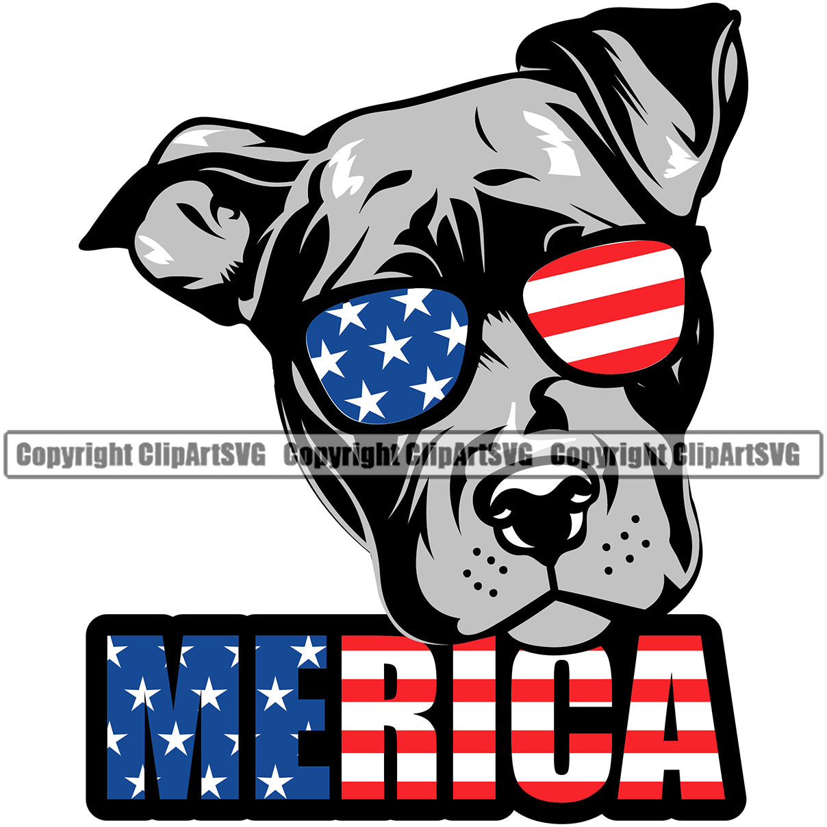 Pit Bull Dog Wearing Sunglasses With Merica Text Color Design Element ...