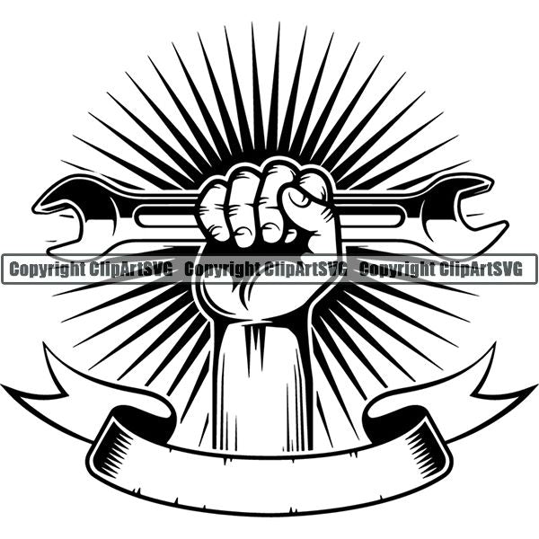 Mechanic Repair Shop Garage Wrench Hand Sunburst Ribbon ClipArt SVG ...