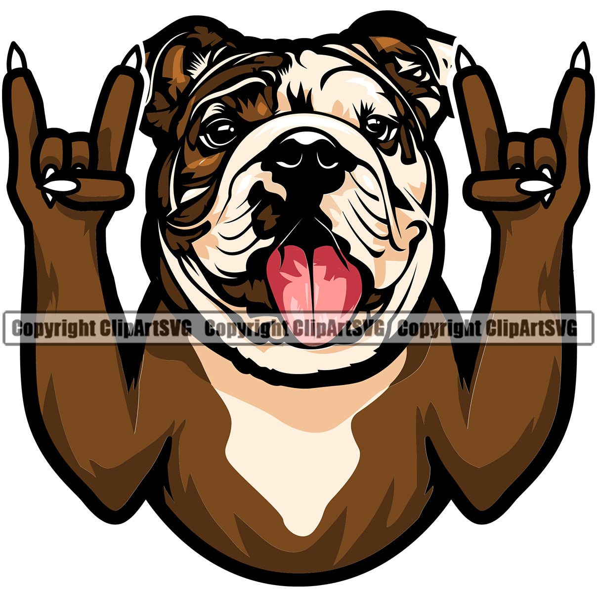 Bulldog Colorful Rock And Roll Hand Sign Vector Design Happy Face Paw ...
