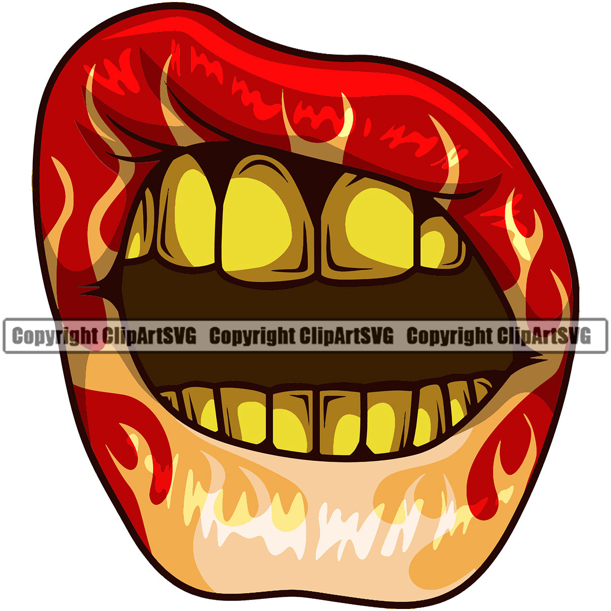 Lips Gold Teeth Hot Rod Flames Fire Flaming Burning Design Element Face ...