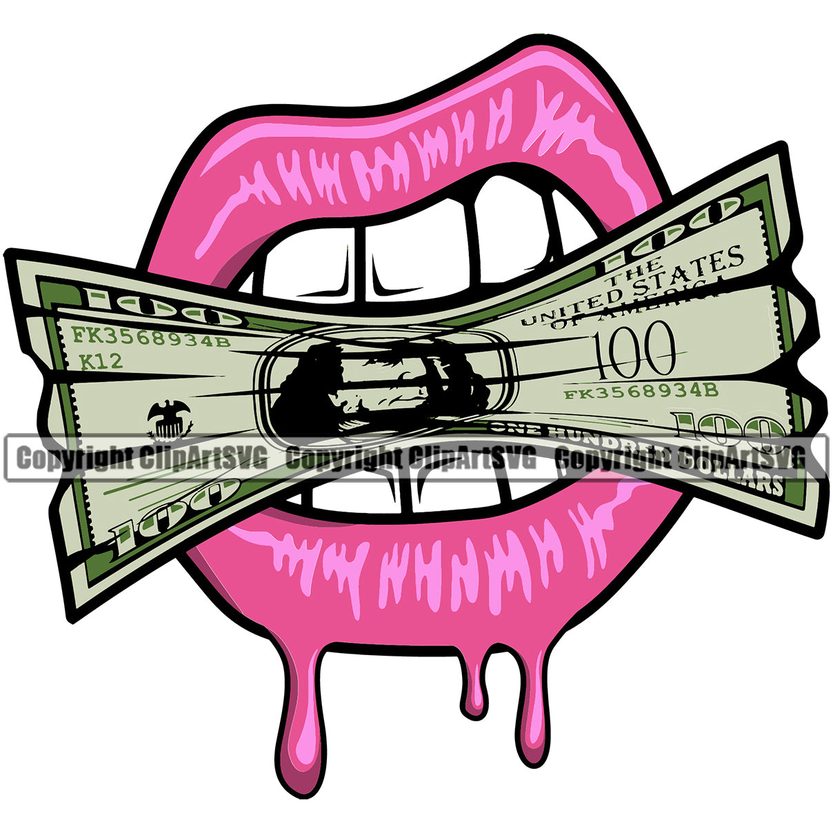 Lips Mouth Teeth Bite Biting $100 Dollar Bill Cash Money Pink Color Lip ...
