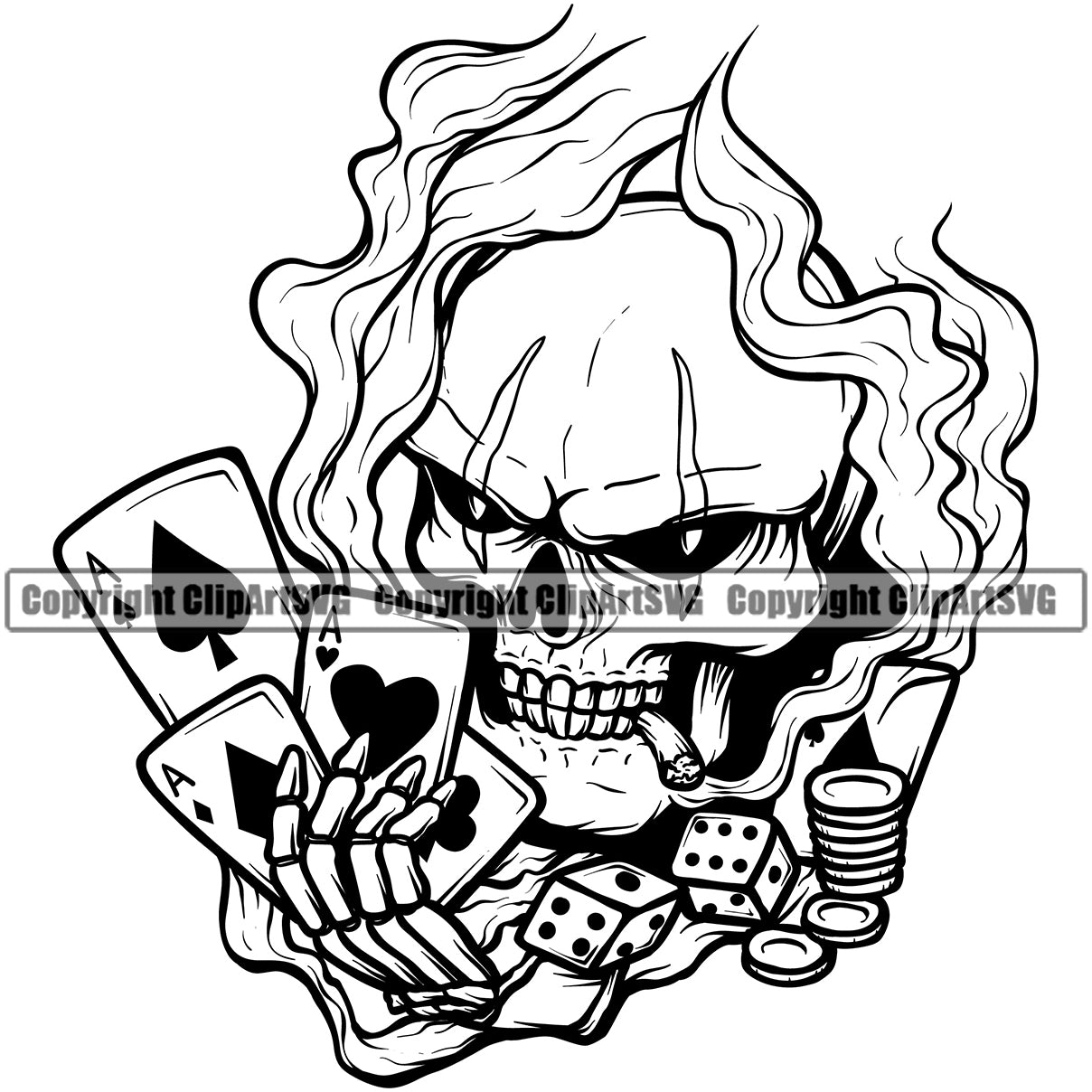 Black And White Skull Skeleton Hand Holding Game Cards Fire Design ...